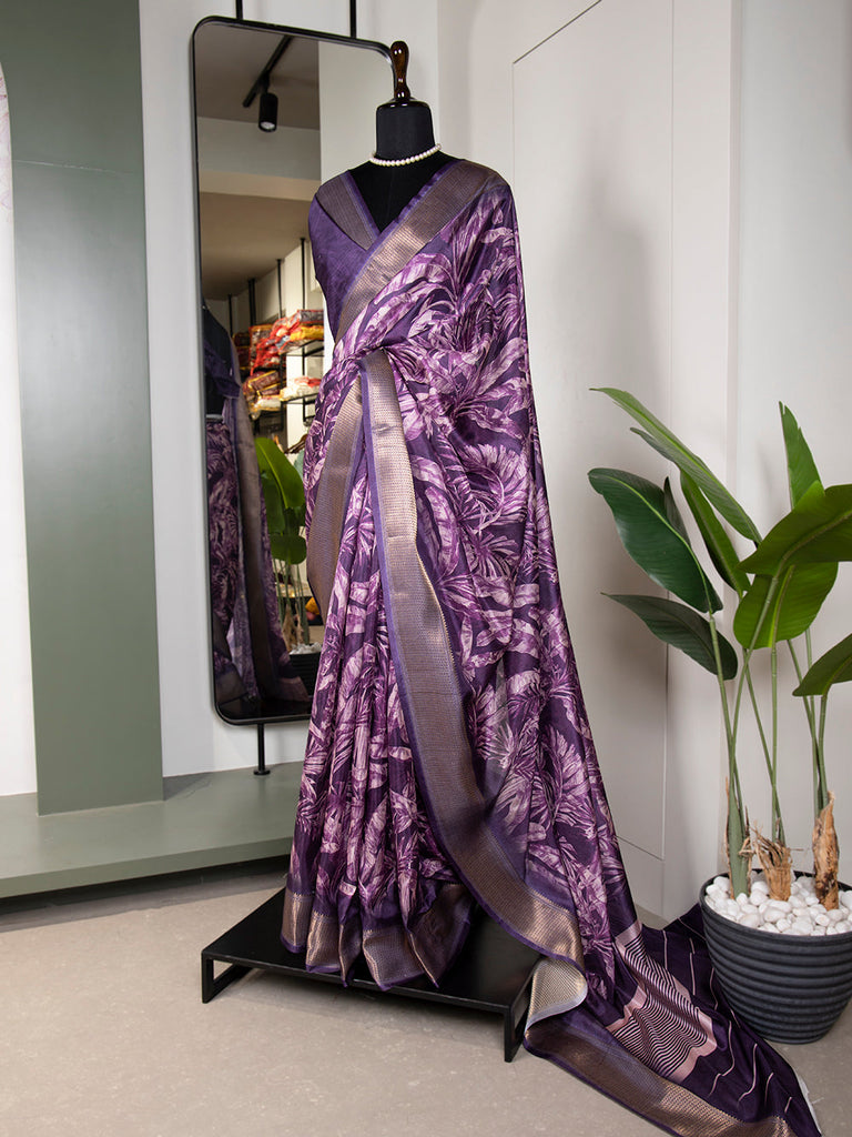 Purple Color Printed With Zari Border Dola Silk Saree - Clot