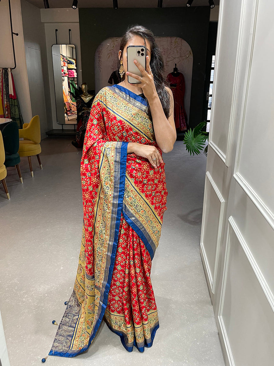 Red Color Foil Printed And Stone Work Dola Silk Saree - Clot