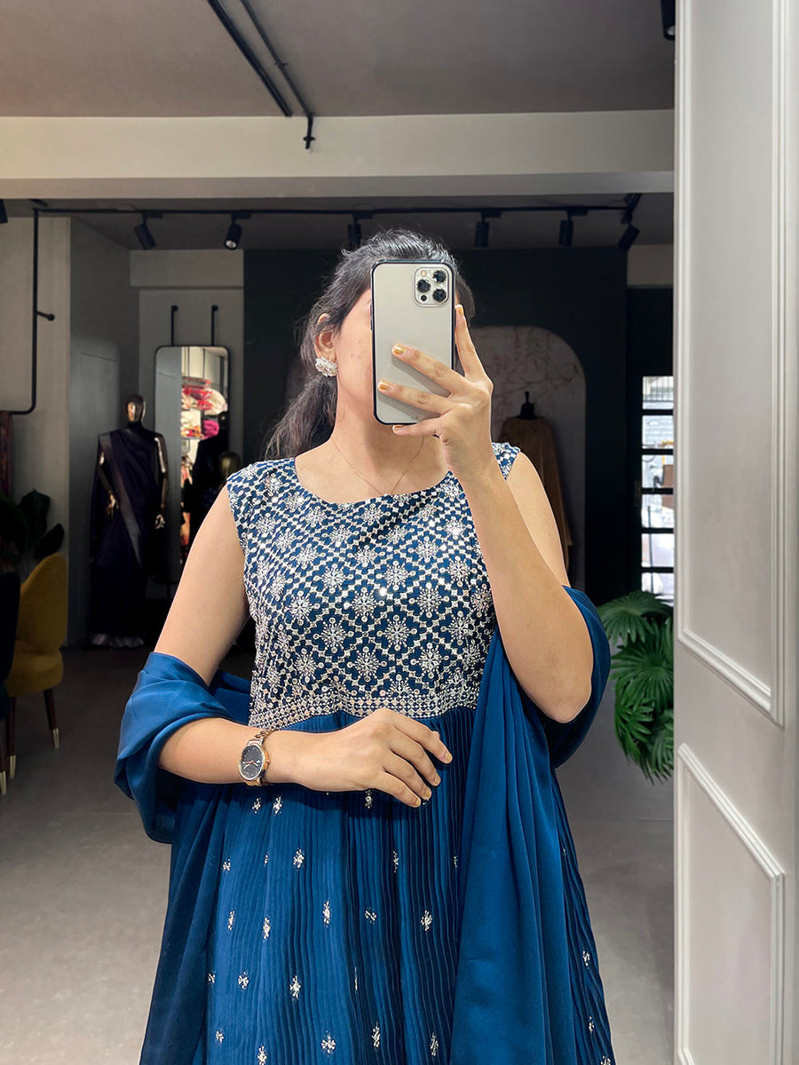 Teal Color Sequins And Thread Embroidery Work Crushed Rangol