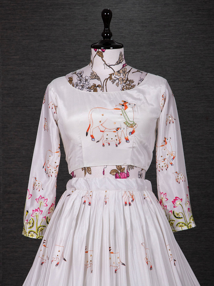 White Color Printed Silk Half Saree Set With Pethani Dupatta