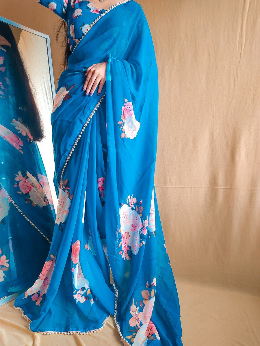 Firozi Color Printed With Peral Lace Border Georgette Stylis
