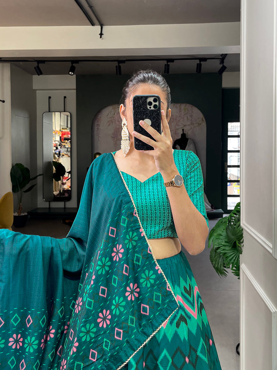 Teal Color Printed With Lace Border Vaishali Silk Indian Wed