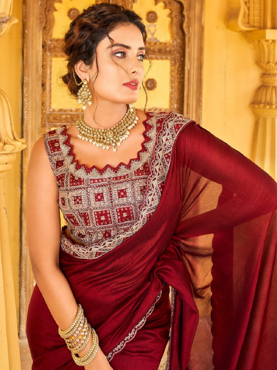 Maroon Color Vichitra Silk Saree - Clothsvilla