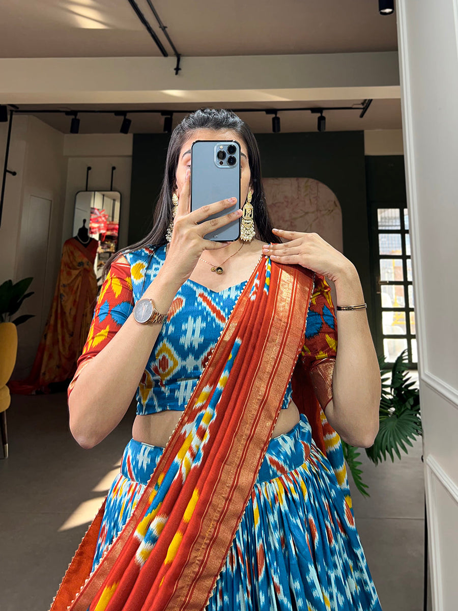 Firozi Color Patola Print With Foil Work Tussar Silk Lehnga