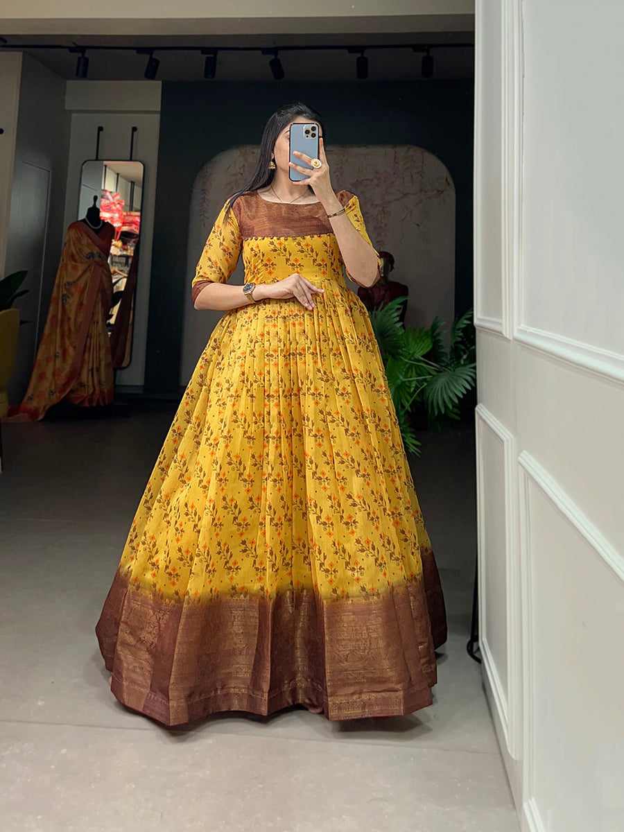 Yellow Color Print With Zari Patta Soft Cotton Dress - Cloth